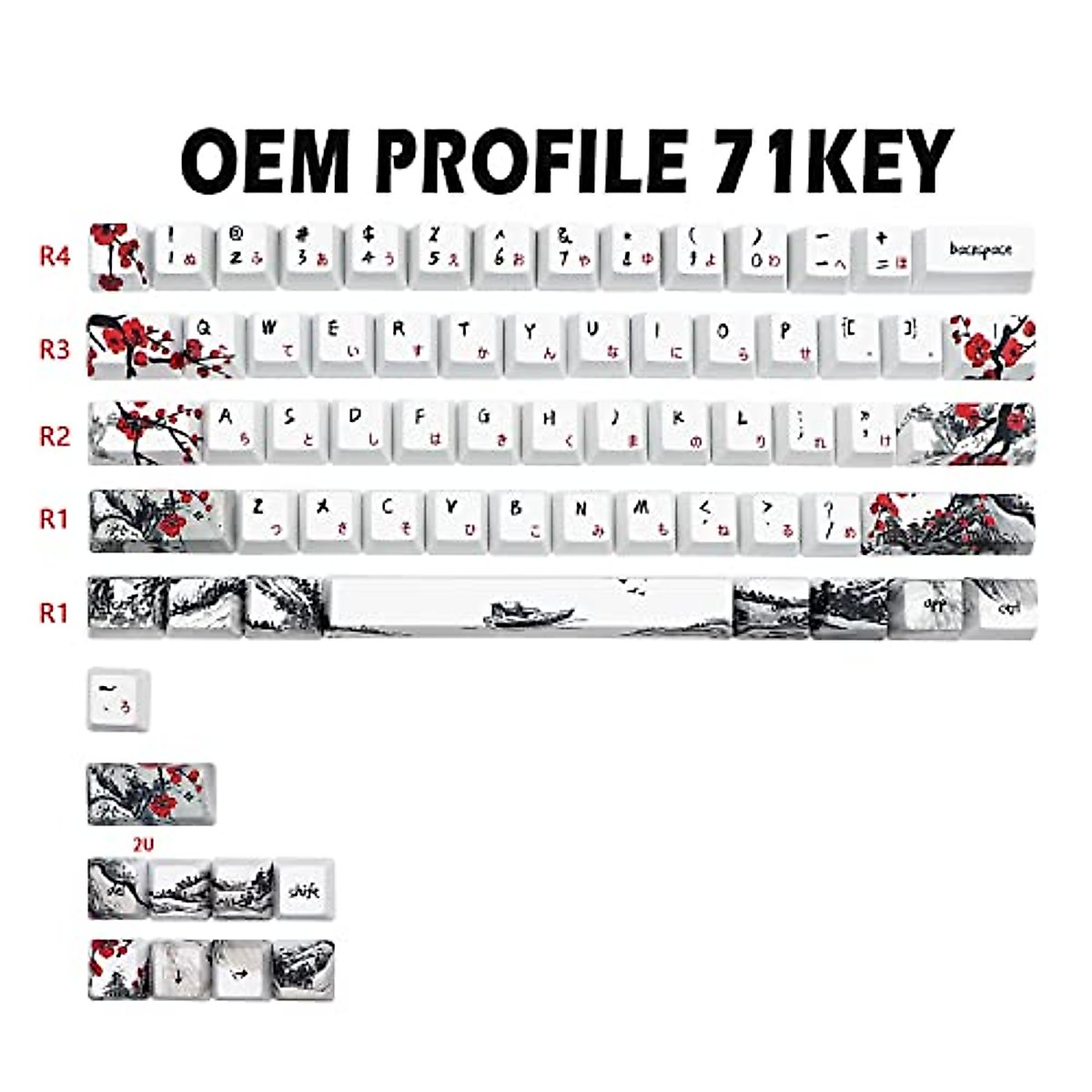 JSJT Custom Keycap-Keycaps 60 Percent Suitable for GK61/GK64/RK61/Anne /ALT61 Mechanical Keyboards 71 Key with Japanese Font Set OEM Profile PBT Keycaps with Keycap Puller (Plum Blossom Keycaps)