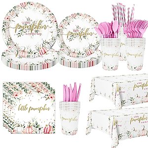 AIBIIN 192PCS Pumpkin Baby Shower Party Supplies Decorations for Girl Pink Little Pumpkin Baby Shower Disposable Tableware Set with Plates Napkins and Tablecloth Serves 24 Guests