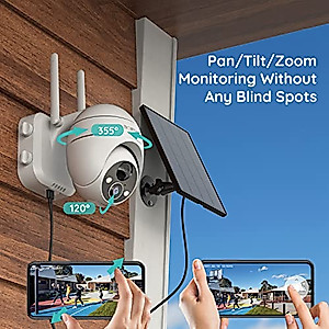 Solar Security Camera Outdoor, 2K Wireless WiFi 360° PTZ Camera, Solar Powered Security Cameras with Spotlight & Siren, Color Night Vision, PIR Motion Detection, 15000mAh Battery, 2 Way Audio, IP65