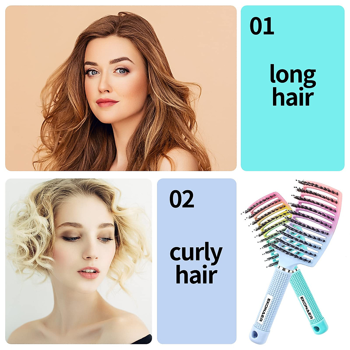 2 Pack Detangling Brush Getting Knots Out without Pain Adds Shine and Makes Hair Smooth,Detangler Boar Bristle Hair Brush for Adult & Kids Wet or Dry Hair(Green&Blue)