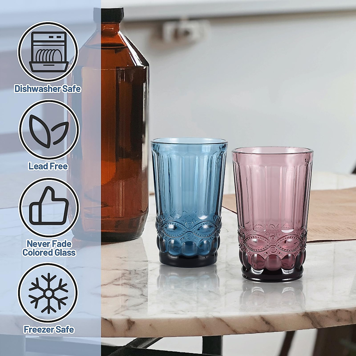 Wongblee Colored Drinking Glasses 10.8 Oz, Vintage Embossed Multicolored Glassware, Romantic Tumblers Glass for Water, Juice, Beverages, Pack of 4