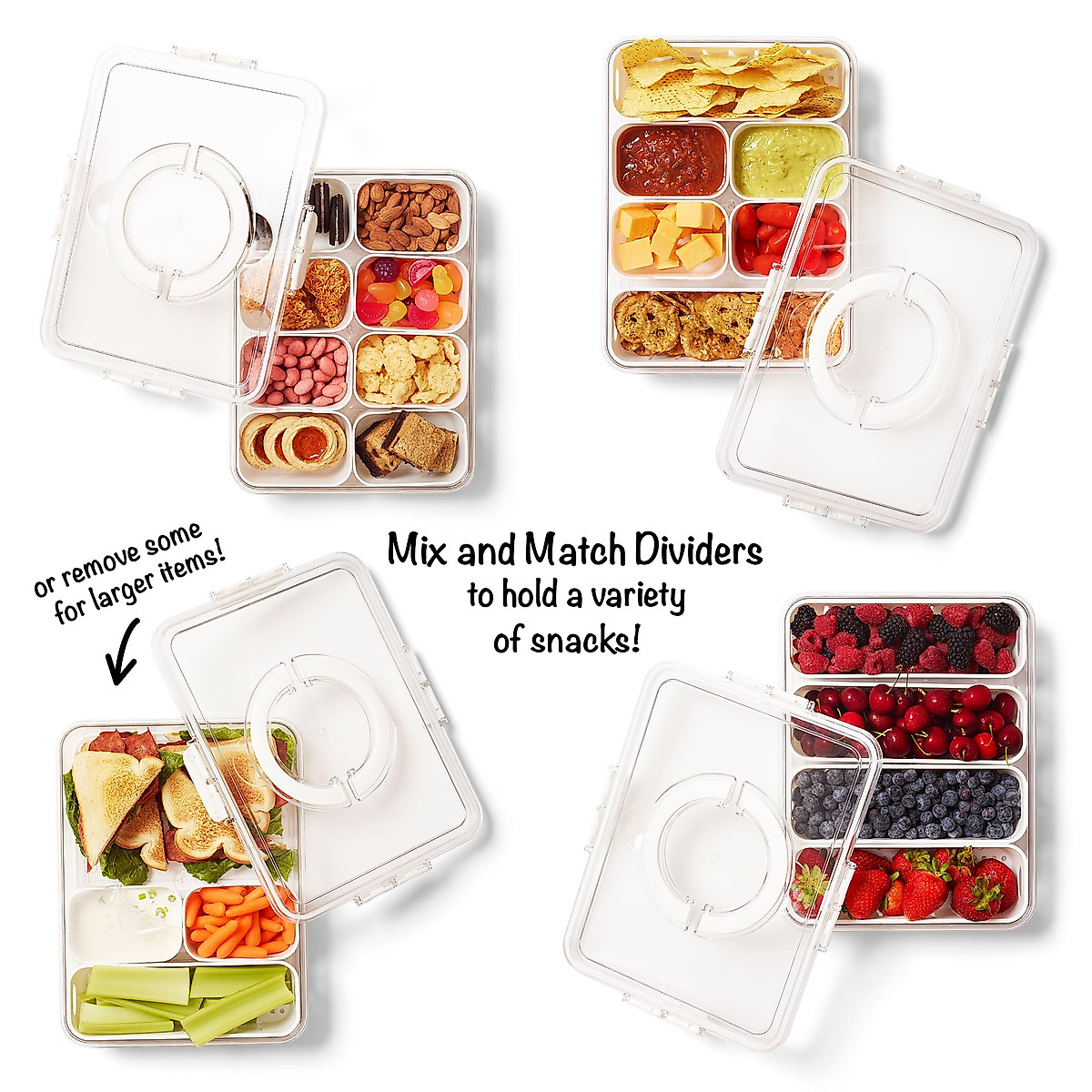 Gorgania 2 Pack Divided Serving Tray with Lid and Handle, Travel Snack Box Charcuterie Container for Portable Snack Platter, 8+4 Compartments Stackable Clear Snack Tray for Veggie, Candy, Nuts