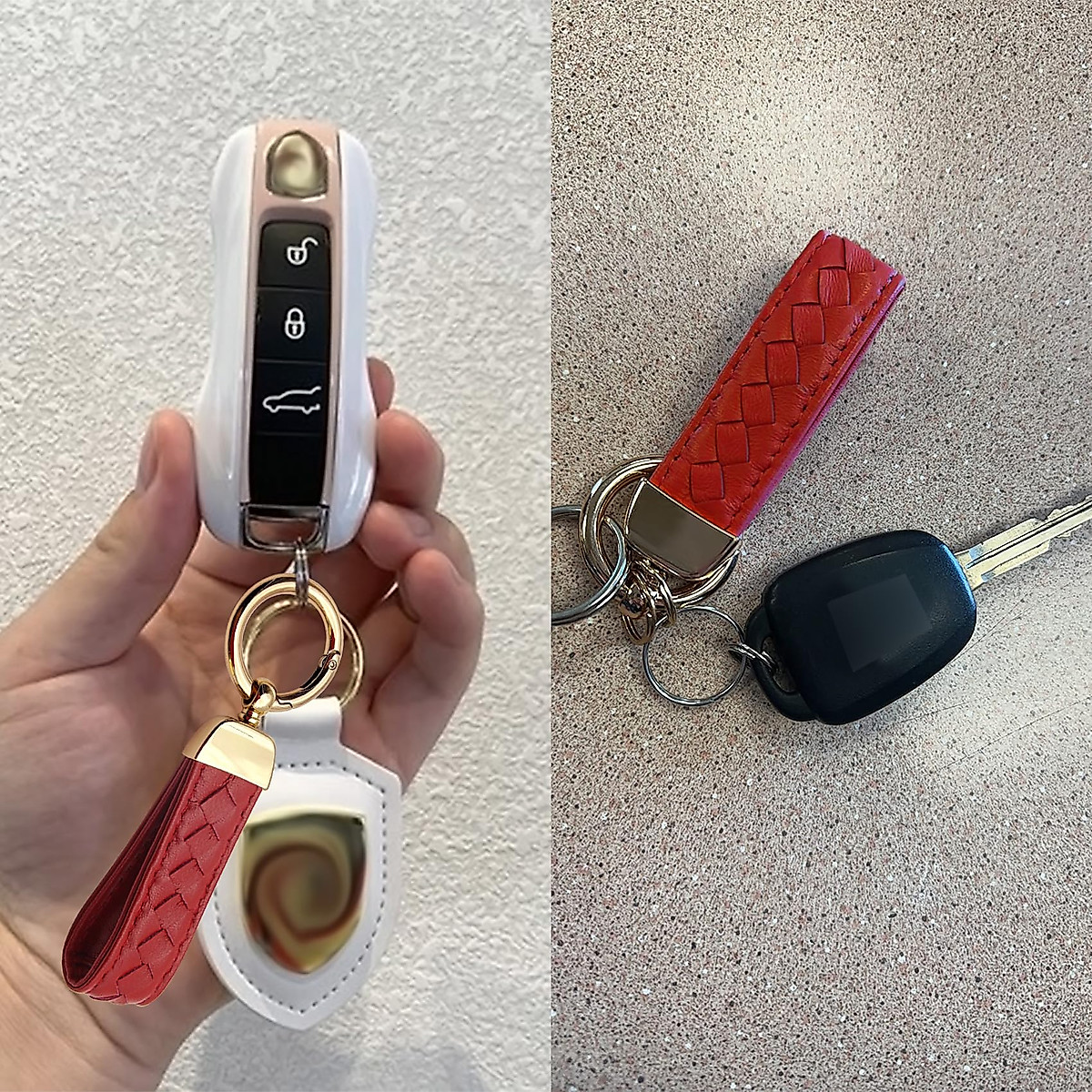 NTNEV Genuine Leather Car Keychain, Universal Car Key FOB Keychain, handmade knitted car key chain, 360 Degree Rotating with Anti-Lost D-Ring, 2 Key Rings and 1 Screwdriver, Unisex-Red