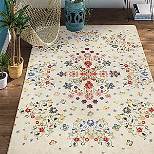 Uphome Non-Slip Floral Beige Area Rug 3' x 5', Rustic Distressed Accent Throw Rugs Machine Washable Shag Collection Floor Carpet for Bedroom Living Room Home Decor