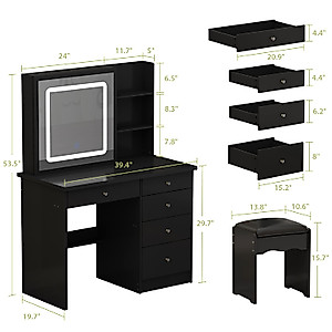 Hitow Vanity Desk Set with Sliding Lighted Mirror, Makeup Vanity with Drawer & Shelf, Dressing Table with Cushion Stool & Hidden Storage for Bedroom, Black