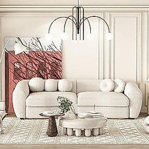 Teddy Fabric Curved Modular Sectional Sofas with Decorative Pillows, Fluffy Upholstery 3 Seater Loveseat Cloud Couch with Thicked Cushion and Wood Legs for Living Room,Office, Apartment