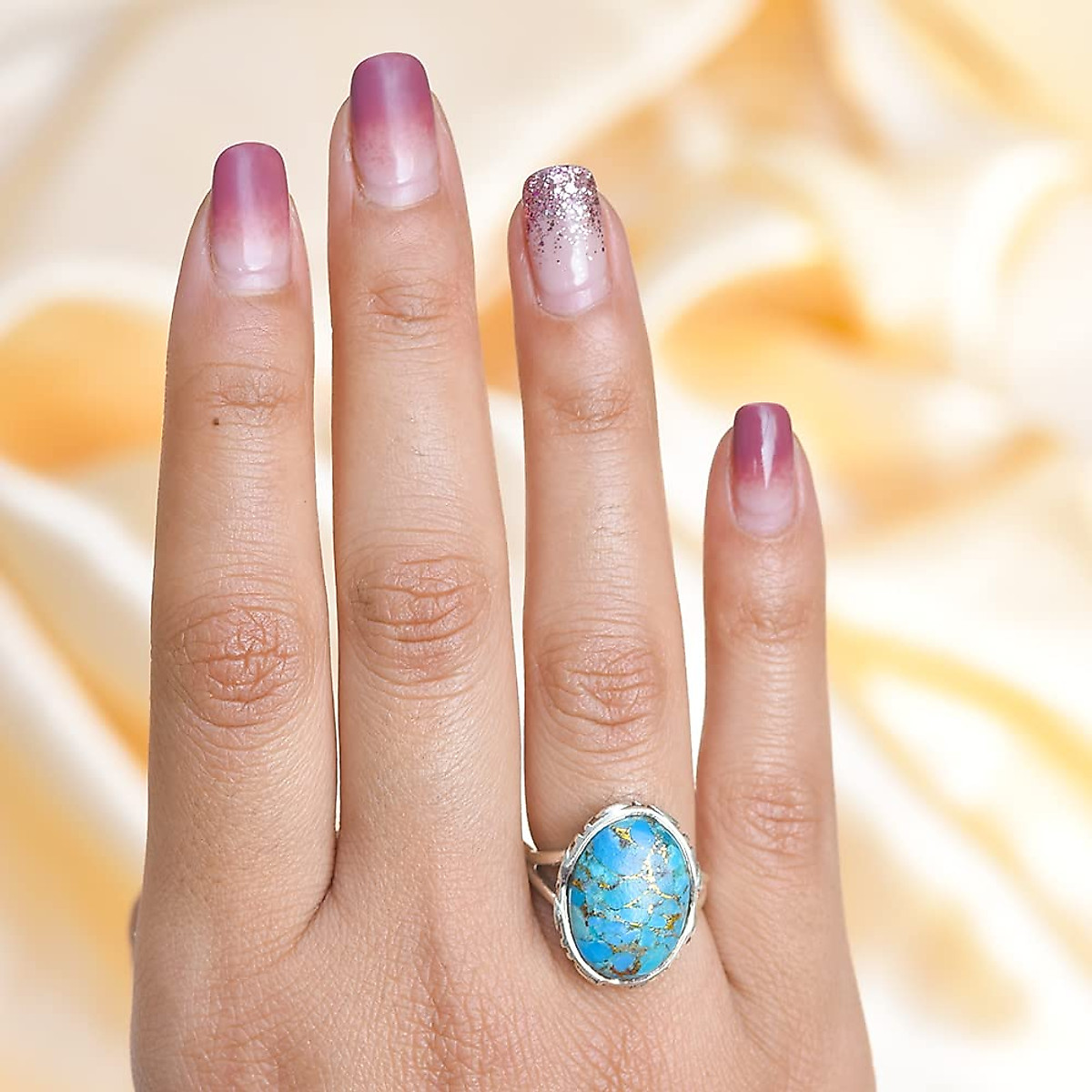 YoTreasure Blue Copper Turquoise Oval Shape Statement Ring 925 Sterling Silver Gemstone Jewelry