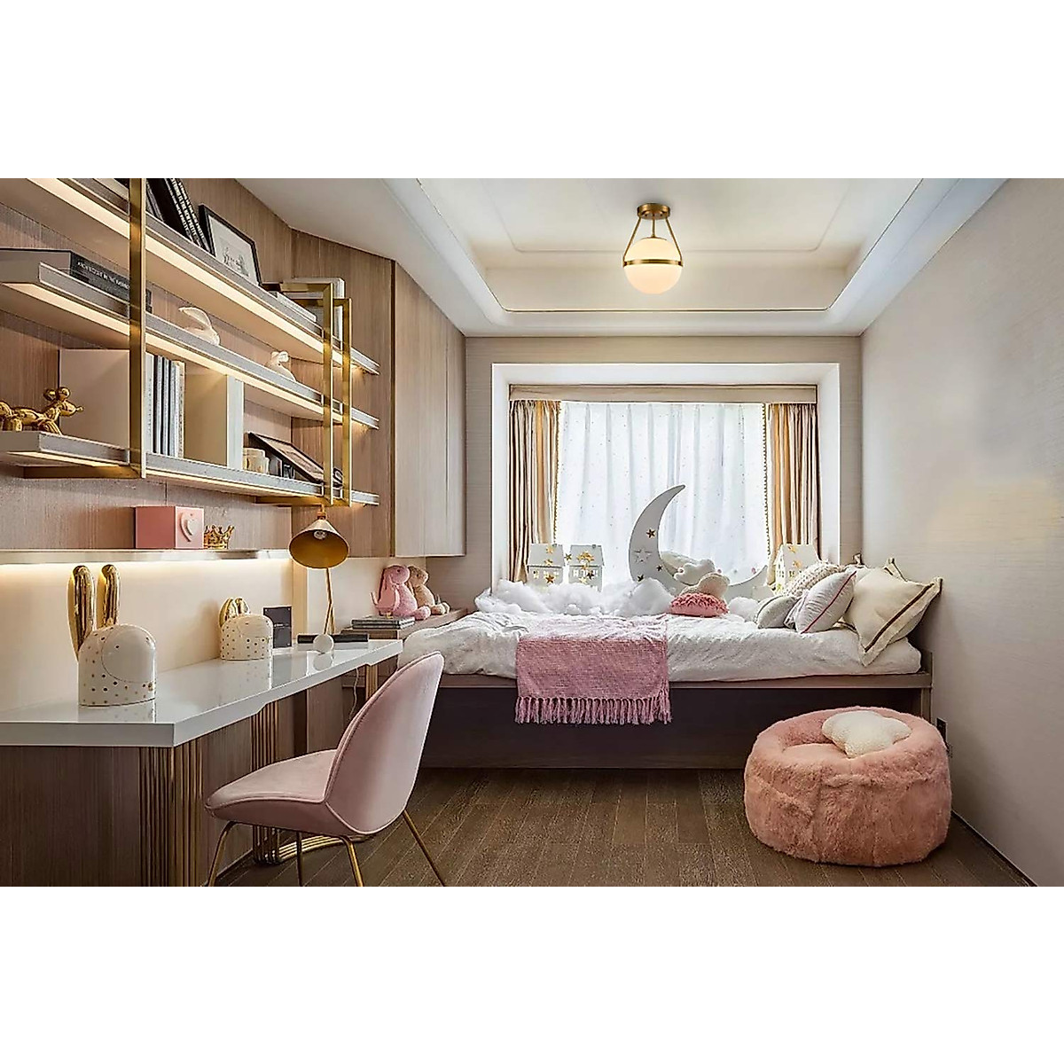 HOLKIRT Mid Century Modern Globe Semi Flush Mount Ceiling Light Fixture,White Opal with Brass Finish,Living/Dinning Room