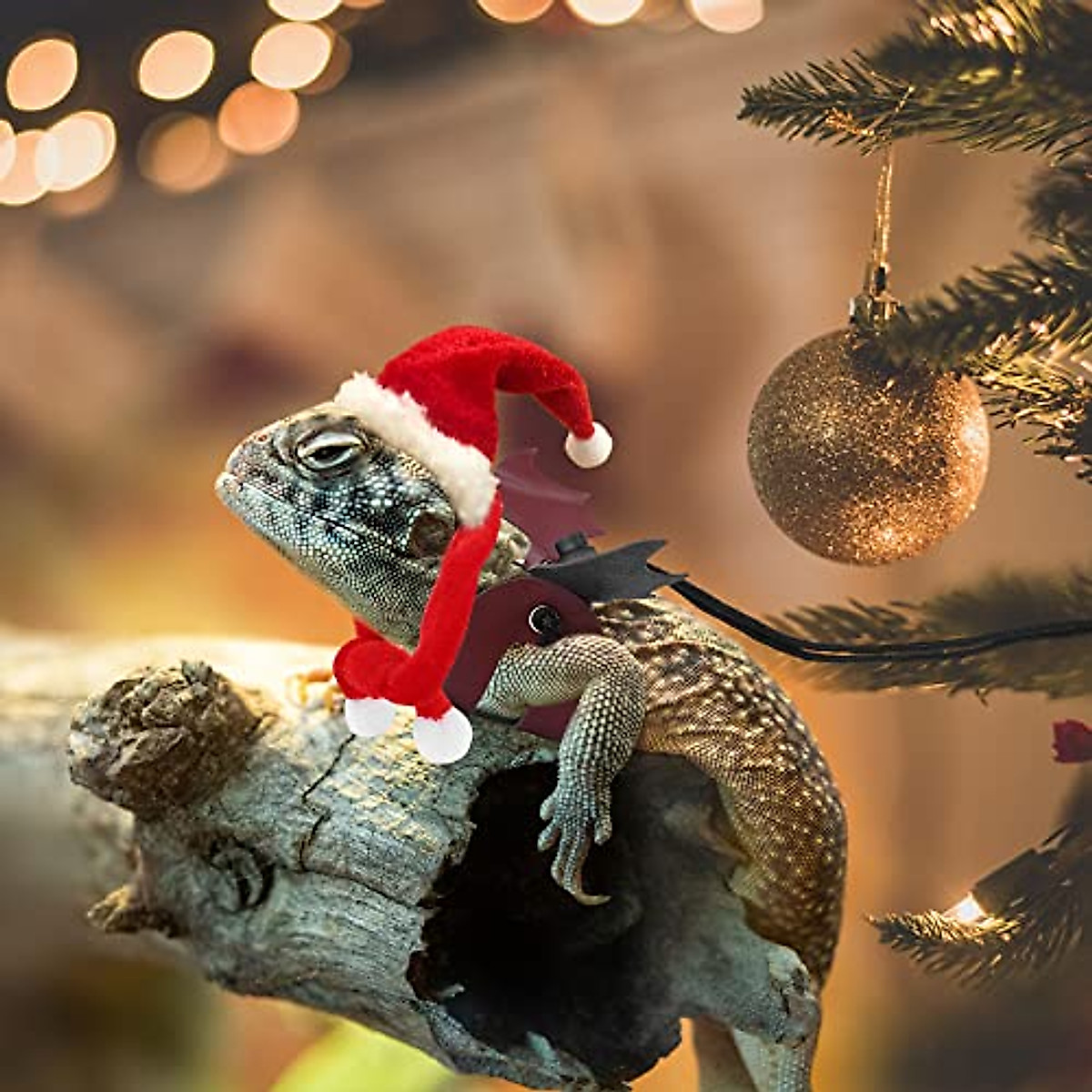 Mogoko Christmas Lizard Leash Bearded Dragon Harness Bat Wing Bowler hat Red Bow Tie Adjustable (S,M,L) Leather Reptile Lizard Leash for Gecko, Iguanas,Lizard Amphibians and Small Pet Animals Brown