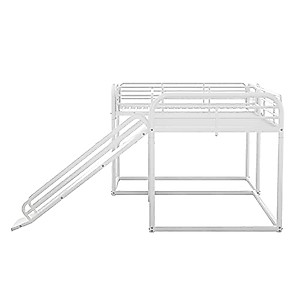 L-Shaped Bunk Bed for 4 Kids, Full and Twin Bunk Bed Frame with Slide, Short Ladder and Full-Length Guardrail, 4 in 1 Home Furniture Bedframe,Space Saving Design & No Box Spring Needed (White)