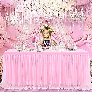 netbros Tulle Table Skirt, Table Clothes for 6 Foot Rectangle Tables, Tight Fit Washable and Wrinkle Resistant Pink Tablecloth, Tutu Table Skirt Decoration for Birthday Party, Banquet, Event