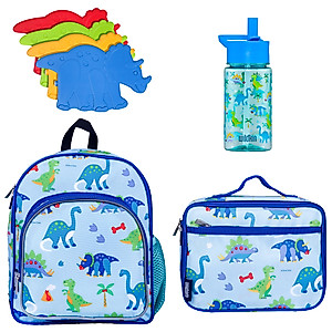 Wildkin Kids Lunch Box, 12 Inch Backpack, 16 Oz Tritan Water Bottle, and Ice Pack Bundle for a Convenient, Refreshing, and Fulfilling Meal All Around (Dinosaur Land)