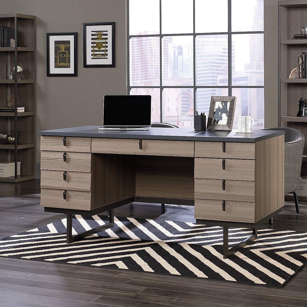 Sauder International Lux Executive Desk, L: 60.0" x W: 28.98" x H: 30.0", Diamond Ash Finish