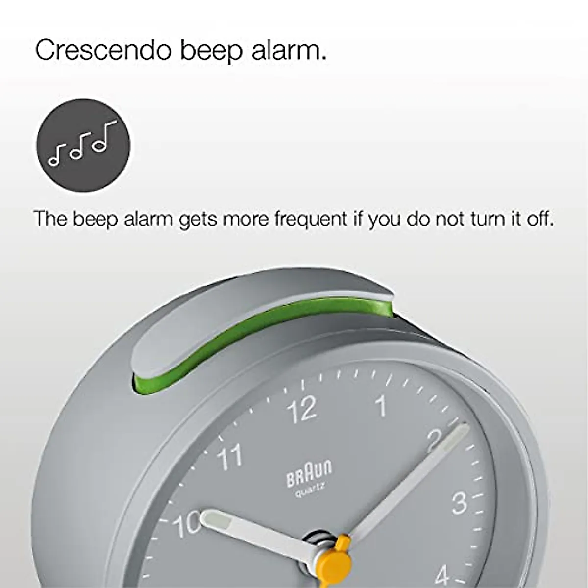 Braun Classic Analogue Alarm Clock with Snooze and Light, Quiet Quartz Movement, Crescendo Beep Alarm in Grey, Model BC12G.