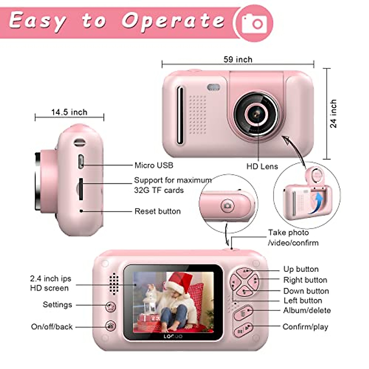Kids Camera, Kids Digital Camera with Flip Lens, HD Digital Video Cameras for Toddler,Christmas Birthday Gifts and Portable Toy for 3 4 5 6 7 8 9Year Old with 32GB SD Card-Pink