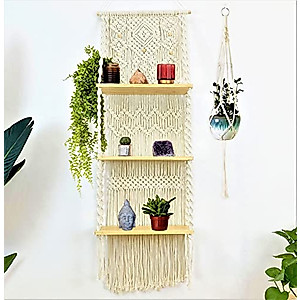 Macrame Wall Hanging Shelf-ideal décor-plants storage bookshelf-Bohemian Decorative Shelves-Boho Floating Indoor Shelving–For bedroom kitchen bathroom room with window Plant hanger 3 Tier Diamond