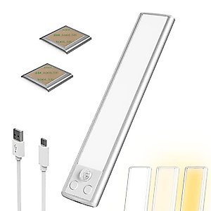 3 Color Led Closet Light, 66-Led Dimmable USB Rechargeable Motion Sensor Magnetic Under Cabinet Lights 1100mAh Battery Operated White Strip Lighting, 20cm/7.8inch