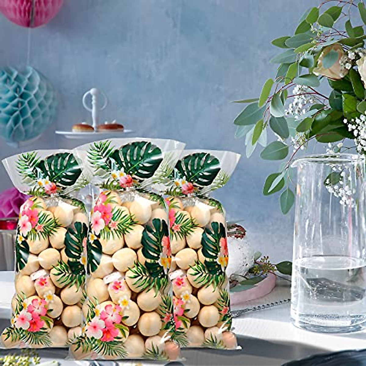 Geyee 100 pcs Hawaiian Luau Cellophane Treat Bags,Summer Tropical Aloha Themed Candy Bags Palm Leaves Hibiscus Goodie Bags with 100 Silver Twist Ties for Kids Birthday Party Favor Bag,Clear,10.8x5 in
