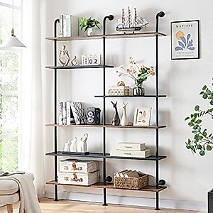 HOMISSUE Industrial Bookshelf 6-Tier Open Wall Mount Ladder Bookshelf, Modern Bookcase with Metal Frame and Wood for Home Office, Wall Mounted Industrial Iron Pipe Shelf, Brown