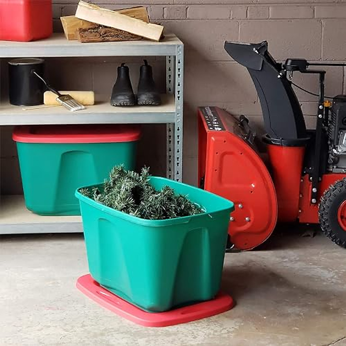 HOMZ 18 Gallon Stackable and Nestable Heavy Duty Plastic Holiday Storage Container with 4 Way Handles for Organizing, Green/Red, (4 Pack)