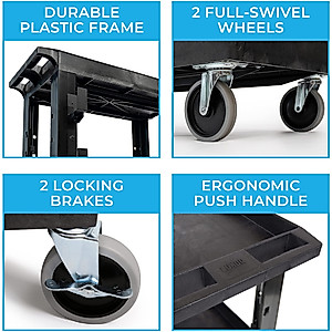 Stand Steady Tubstr 2 Shelf Utility Cart | Heavy Duty Service Cart Holds 400 lbs. | Adjustable Storage Hooks, Ladder & Spool Holders | Tub Cart for Warehouse, Garage, School & Office (32 x 18in/Black)