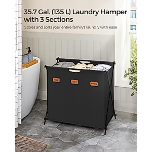 SONGMICS Laundry Hamper, Laundry Basket, 35.7 Gal. Laundry Sorter 3 Sections, Collapsible X-Frame, Clothes Organizer with Customizable Labels, Laundry Room, Bedroom, Bathroom, Ink Black ULCB130B01