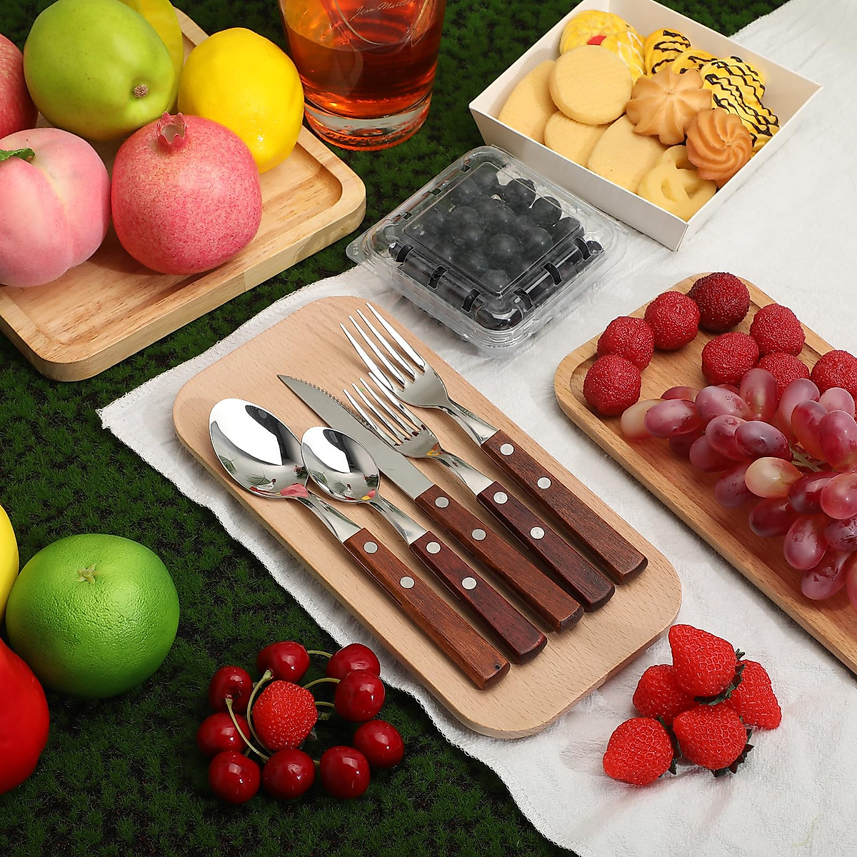 Tanlade 60 Pcs Wooden Handle Silverware Set 18/8 304 Stainless Steel Walnut Handle Flatware Set Reusable Cutlery Set Included Dinner Forks,Salad Forks,Table Knives,Tablespoons,Teaspoons, Serves for 12