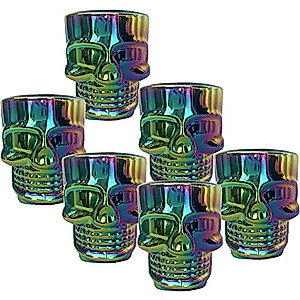 Circleware Skull Face Heavy Base Whiskey Shot Glasses, Set of 6, Party Home Entertainment Dining Beverage Drinking Glassware for Brandy, Liquor, Bar Decor, Jello Cups, 1.7 oz, Fun Shooters