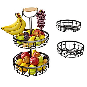 2-Tier Fruit Basket Bowl Vegetable Storage with Dual Banana Tree Hanger and Wood Lift Handle, Kitchen Countertop Metal Wire Basket for Bread Onions Potatoes (Black, 2 Tier)