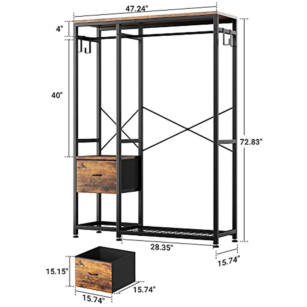 Lulive Clothes Rack, Heavy Duty Garment Rack for Hanging Clothes, Industrial Clothing Racks with Shelves, 2 Fabric Drawers, 4 Hooks, 2 Hanging Rods, Freestanding Closet Organizer, Rustic Brown