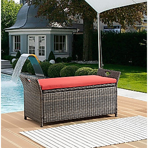 TMEE Patio Storage Bench,Outdoor Wicker Deck Box,PE Rattan Patio Furniture with All-Weather Cushion