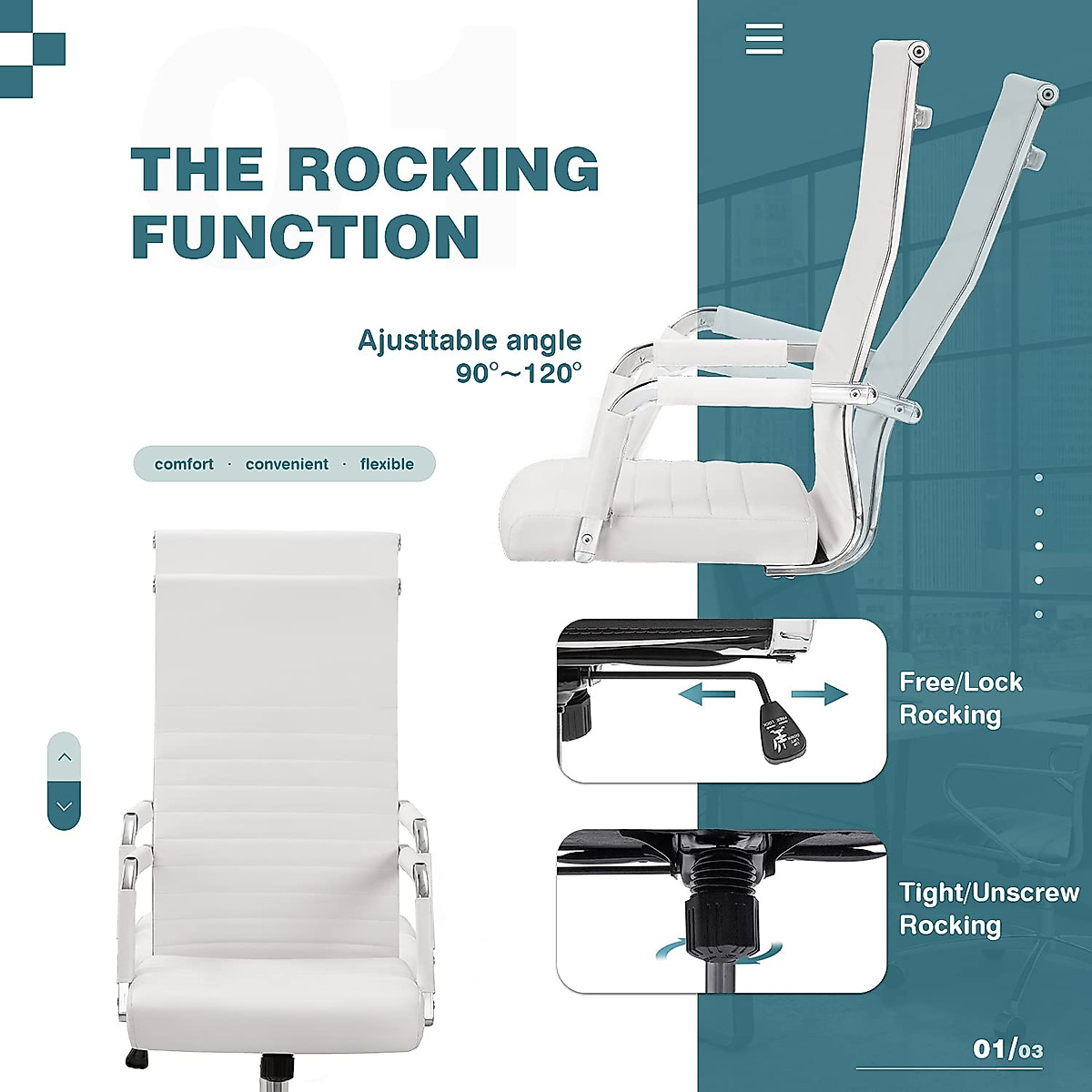 VICTONE Ribbed Office Chair High Back PU Leather Executive Conference Chair Adjustable Swivel Chair (White)