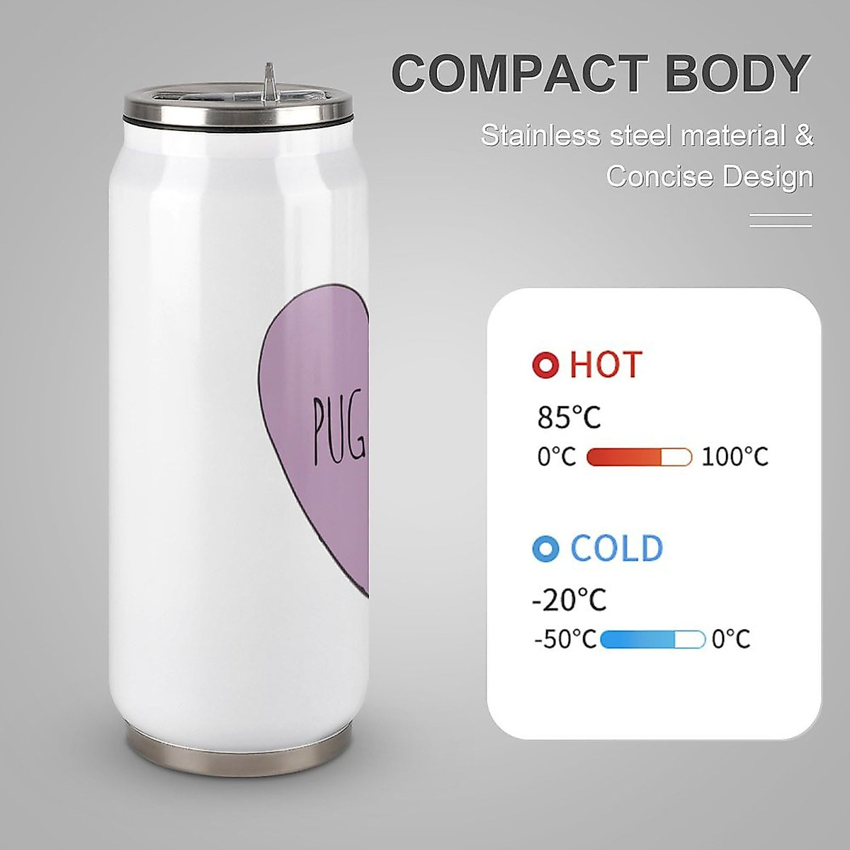 Puggle Love Insulated Tumbler Stainless Steel Travel Mug Coffee Cup with Lid And Straw 500ml