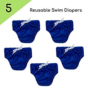 KaWaii Baby Best Fitting Reusable Swim Cloth Diaper Soft Stretchy Mesh Inner, Training Pant, Lightweight, Comfortable, Swimming Lessons, Unisex, Blue, Pack of 5 (M) 24–35 lbs