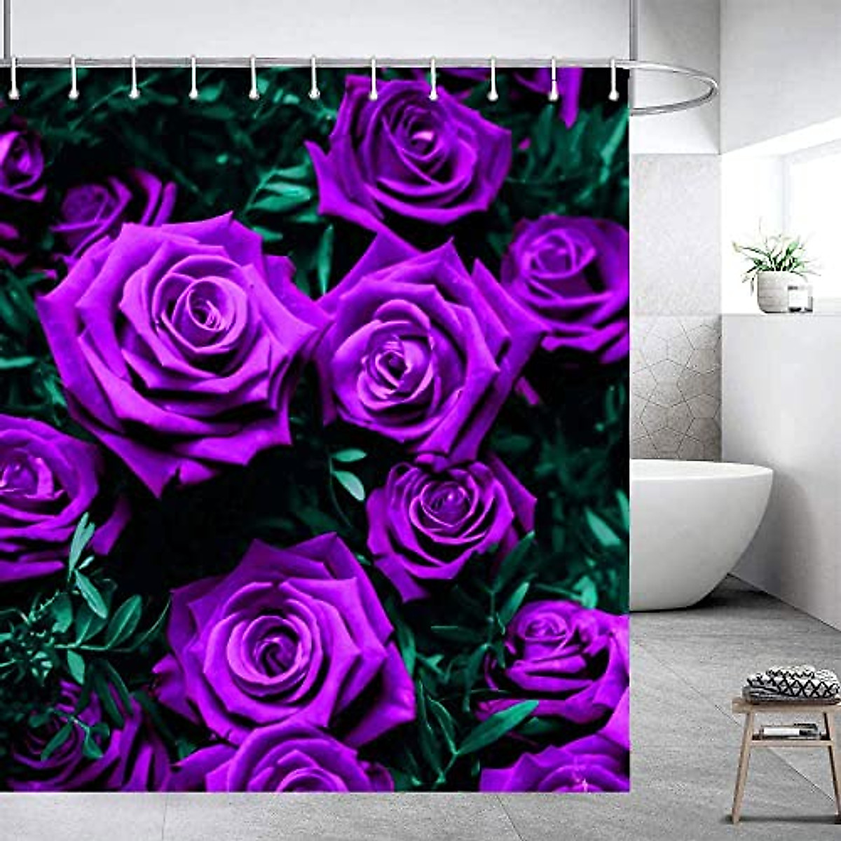 MrLYouth Many Purple Rose Shower Curtain Sets with Rugs 4Pcs Waterproof Polyester Durable Bathroom Non-slip Bath Mat and Toilet Lid Cover Botanical Floral 12 Hooks 71x71inch