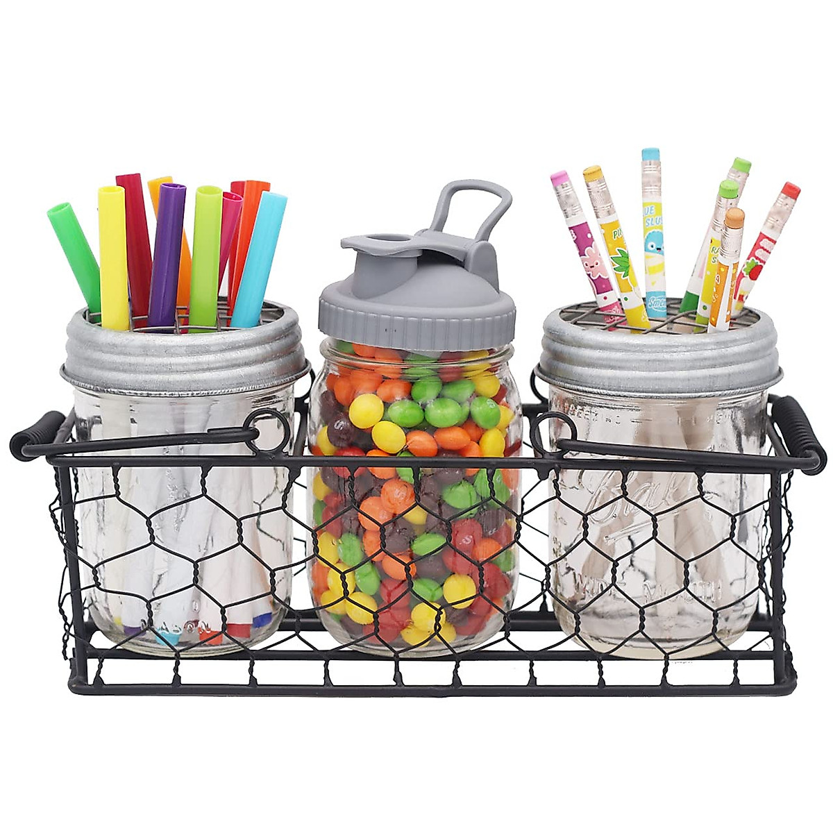 Mason Jar Lifestyle Caddy for 3 Pint Mason Jars in Chicken Wire with Wire Wrapped Handles