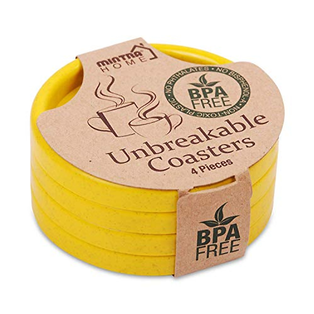 Mintra Home Durable Plastic Coasters 4pk (Yellow) - 09053 - for Drinks, Coffee, Water - Drink Cup Holder for Kitchen, Home, Table Protection (Protect Furniture from Water Marks & Damage)