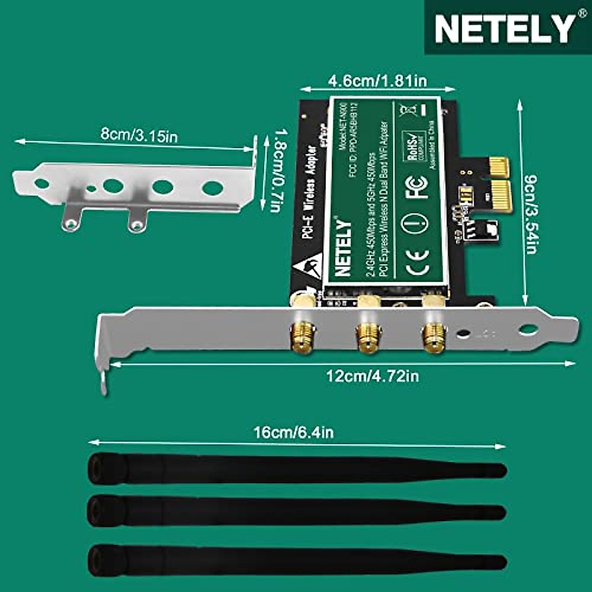 NETELY Wireless Dual Band 900Mbps PCI Express (PCIE) WiFi Adapter for Windows 7, 8.x, 10, 11 32/64bit and Linux Desktop PCs, PCIE WiFi Card, Qualcomm Atheros AR938X Wireless Network Adapter (NET-N900)