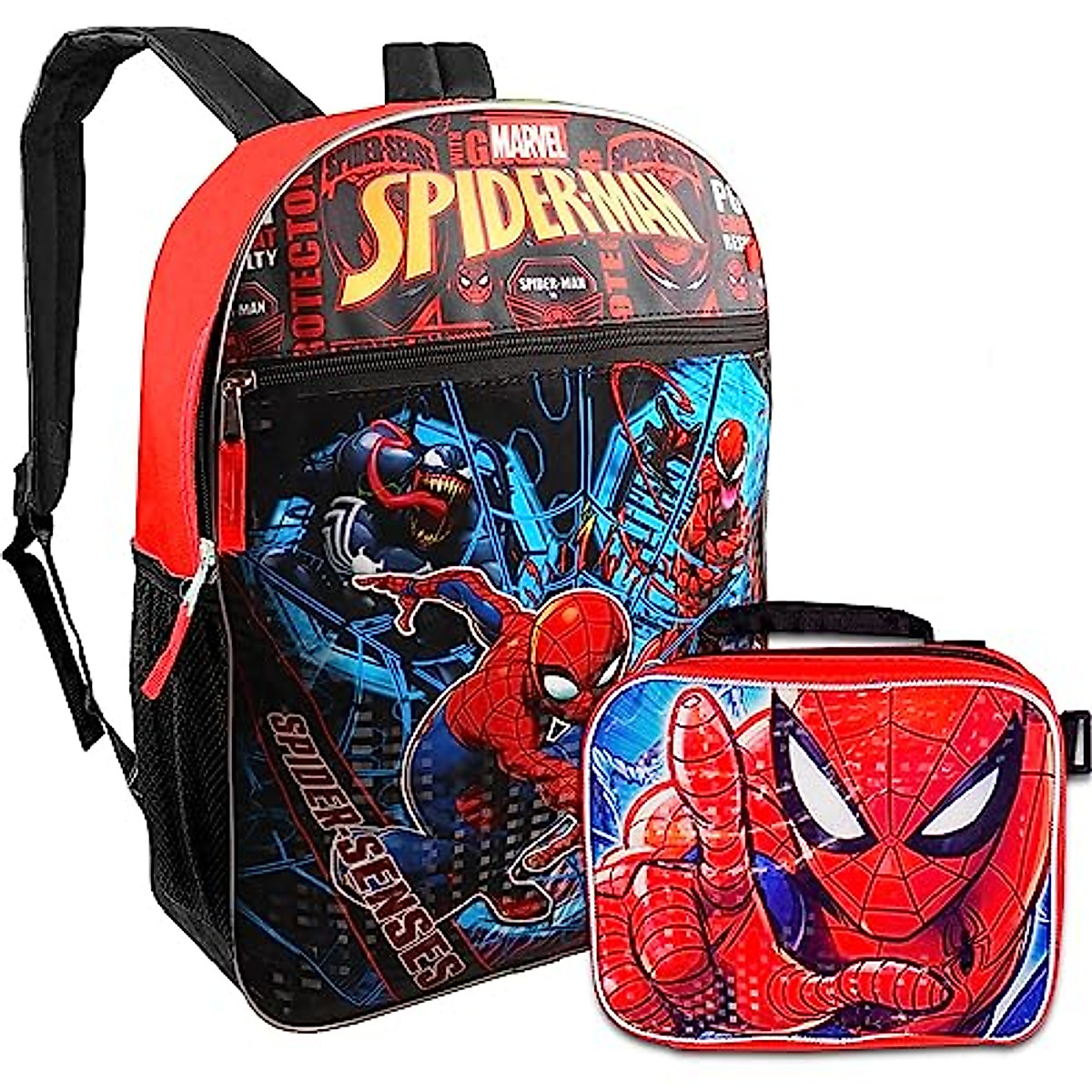 Marvel Spiderman Backpack with Lunch Box Set - Spiderman Backpack for Boys 4-6, Spiderman Lunch Box, Water Bottle, Stickers, More | Spiderman Backpack for Kids