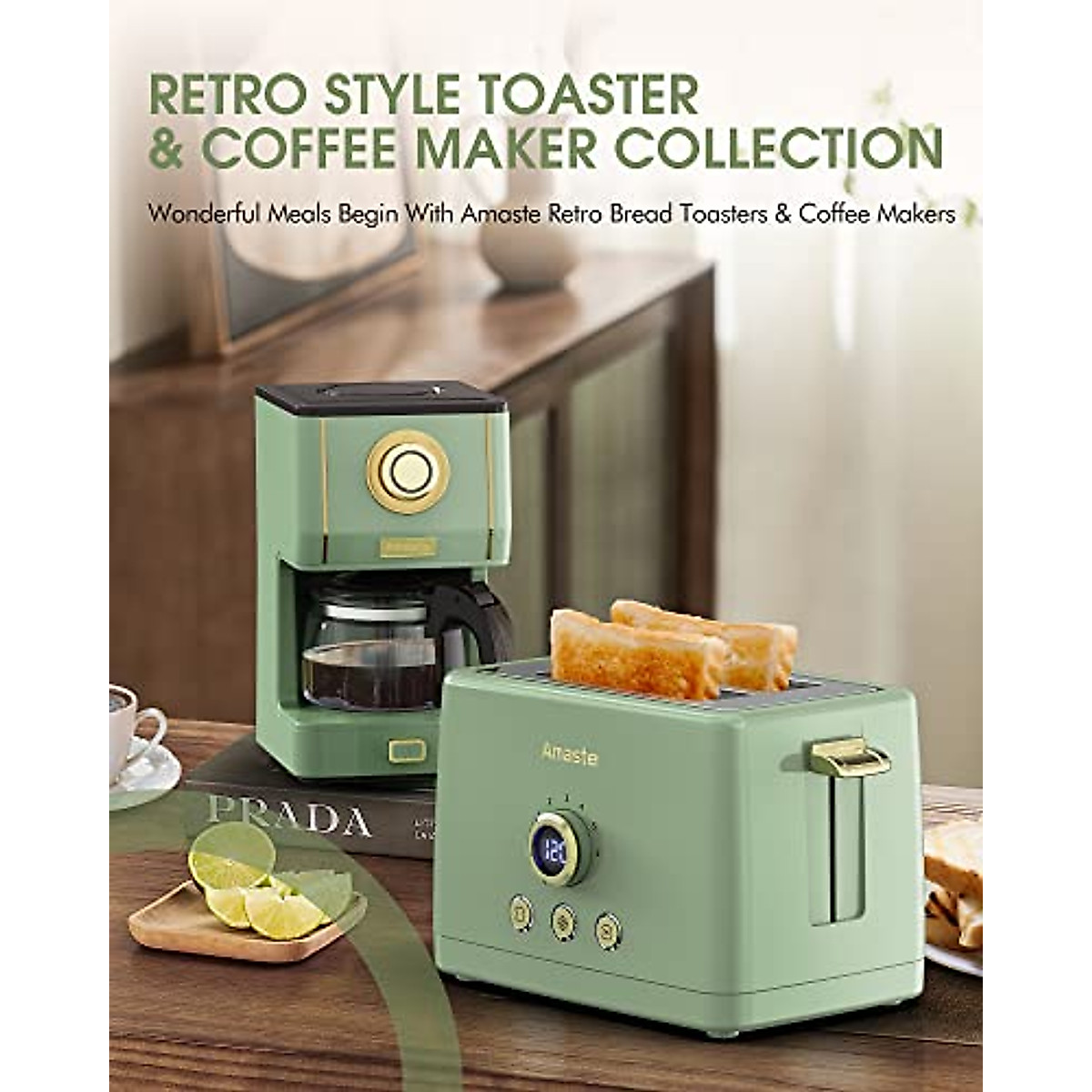 Amaste Drip Coffee Maker, Coffee Machine with 25 Oz Glass Coffee Pot, Retro Style Coffee Maker with Reusable Coffee Filter & Three Brewing Modes, 30minute-Warm-Keeping, Matcha Green