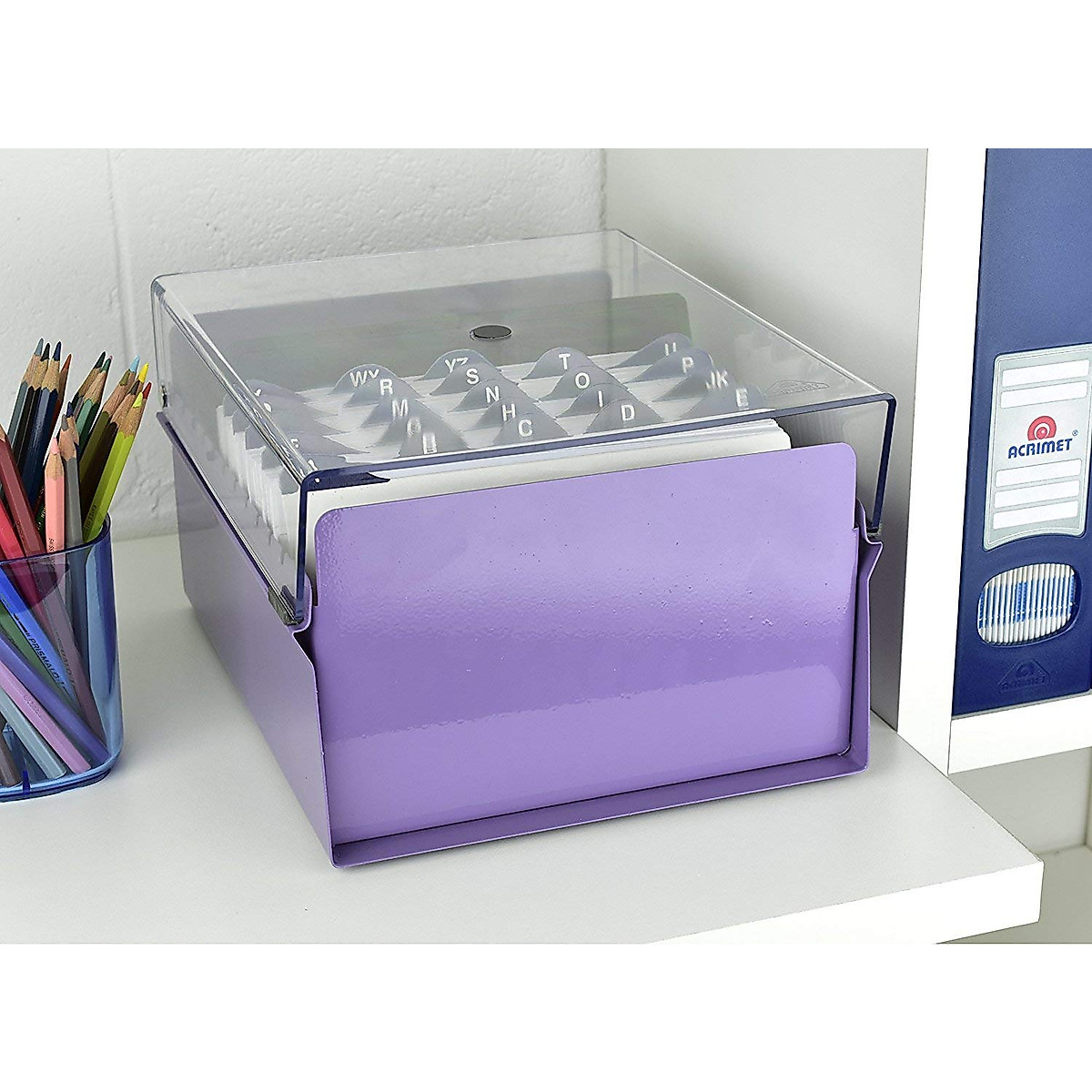 Acrimet 5 X 8 Card File Holder Organizer Metal Base Heavy Duty (AZ Index Cards and Divider Included) (Purple Color with Clear Crystal Plastic Lid Cover)