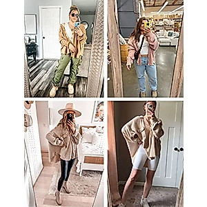 Freyhem Women's Oversized Waffle Knit Shacket One Scout Jacket Boyfriend Button Down Long Dolman Sleeve Shirts(Beige-L)