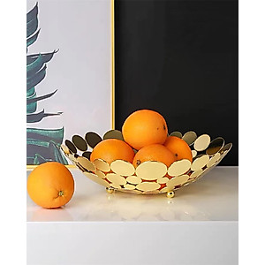 HYOATREA Metal Fruit Basket Bowl for Kitchen Countertop Modern Home Decor Large Round Fruit Storage Stand (Gold)