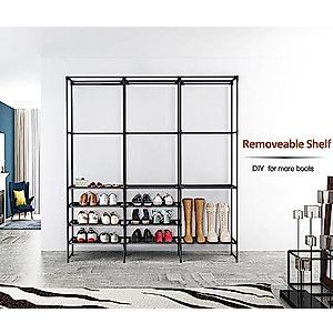 Kertnic 4-Tier Shoe, Boots Rack Storage Organizer for Entryway, Free Standing Black Versatile Shoe Shelf Stand with Coat Hanging Garment Rack for Bedroom (upgrade)