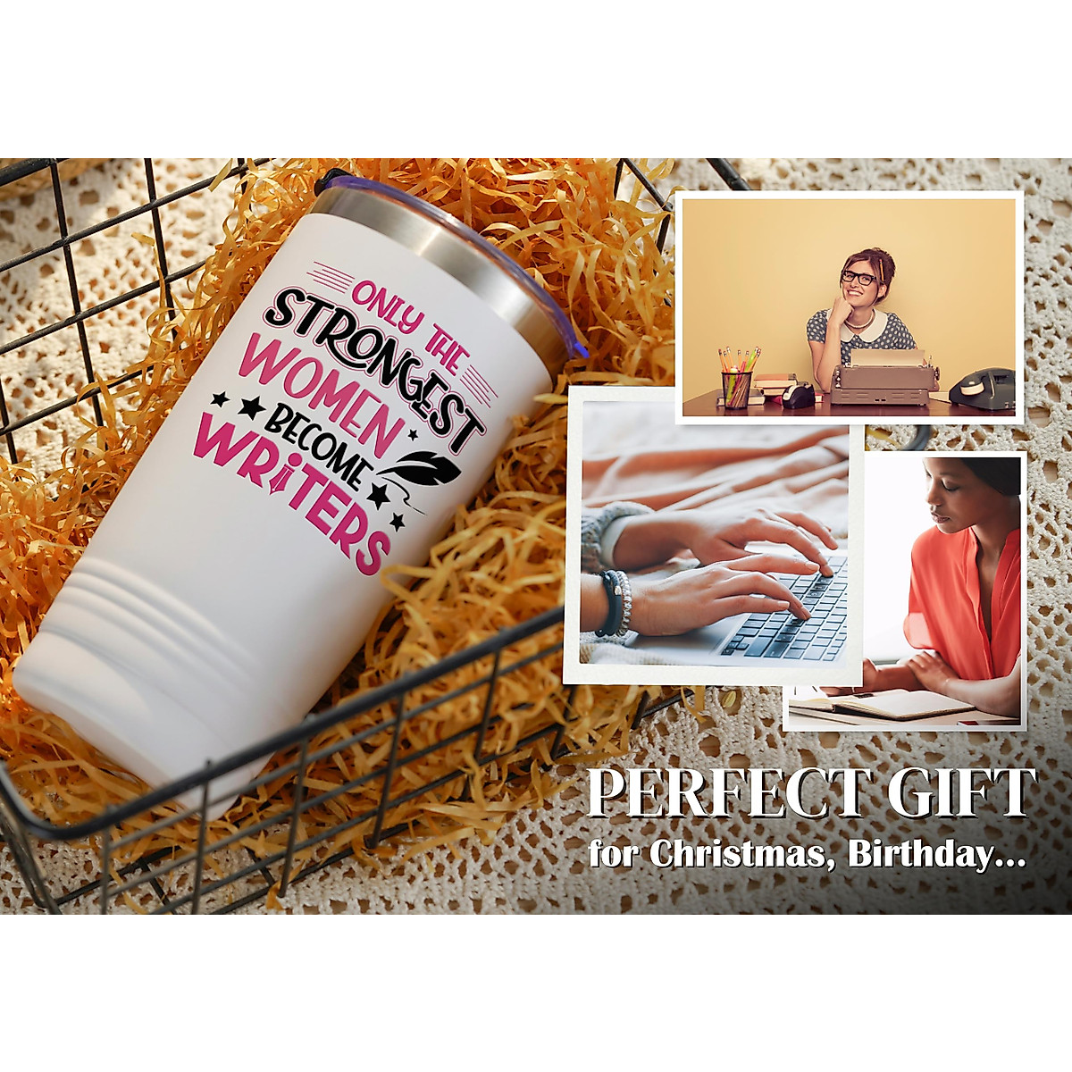 Onebttl Writer Gifts for Women - 20oz/590ml Stainless Steel Insulated Tumbler with Straw - Graduation/Birthday/Christmas Gift for Writers, Novelist, Scriptwriter - Strongest, White