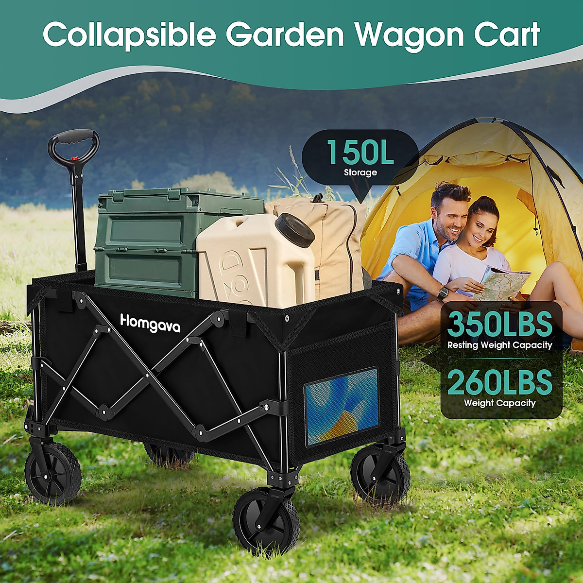 Homgava Collapsible Folding Wagon Cart 150L, Heavy Duty Garden Cart with All Terrain Wheels,Portable Large Capacity Utility Wagon Cart for Camping Fishing Sports Shopping,Black