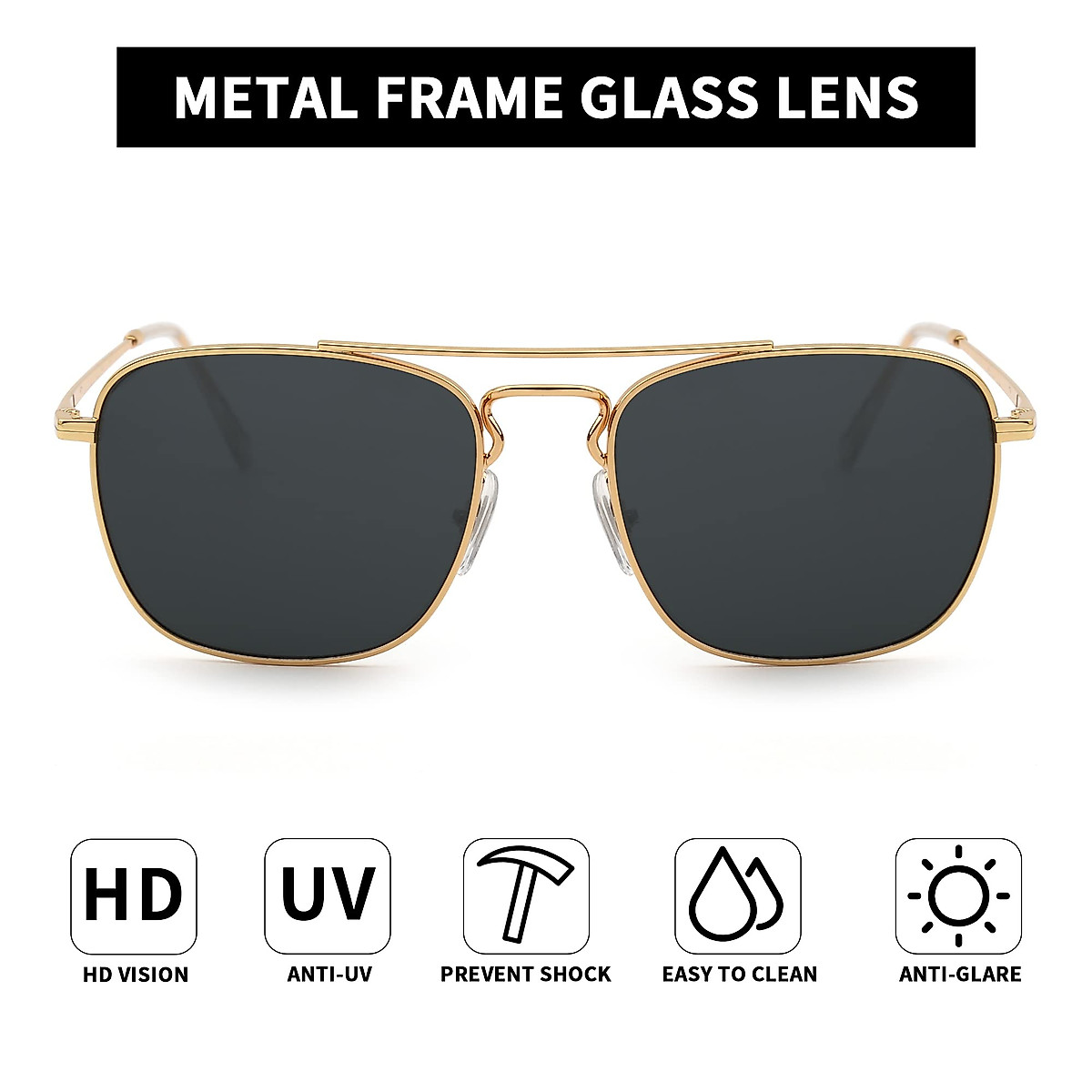 JIM HALO Retro Square Aviator Sunglasses Premium Glass Lens Flat Metal Eyewear Men Women (Gold/Grey)