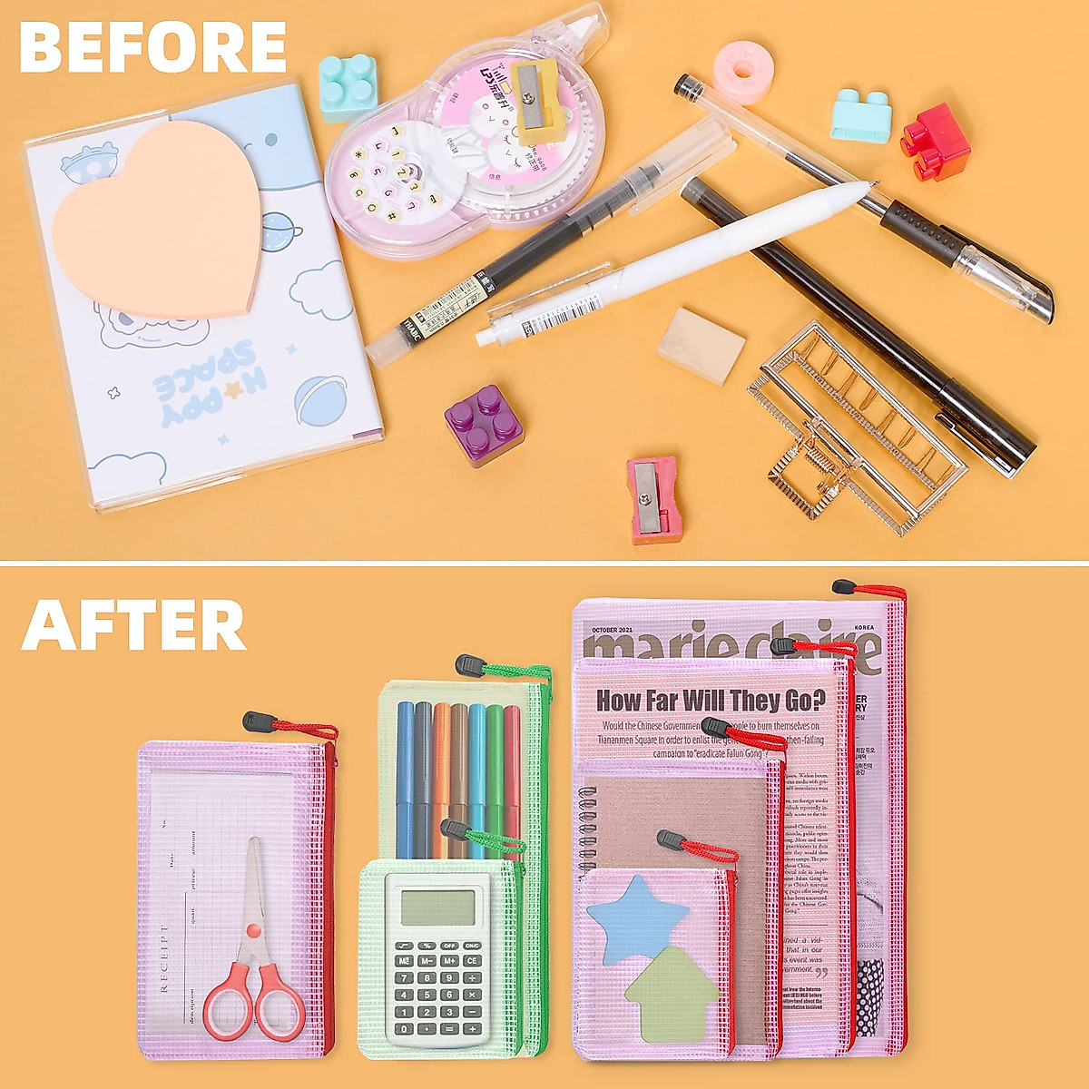 Yclin 16pcs 8 Sizes Mesh Zipper Pouch,Waterproof Zipper Bags,for Board Games Toys Storage, 8 Sizes Waterproof Plastic Document Pouch,for Travel Accessories, Documents Cosmetics School Office Supplies