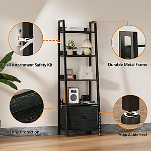 Furologee 5-Tier Ladder Shelf, Narrow Ladder Bookshelf with Drawer, 55.6”Tall Industrial Bookcase Storage Rack Organizer, Freestanding Storage Shelve for Living Room, Home Office, Bedroom, Black Oak