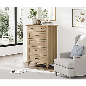 WAMPAT Small Dresser for Bedroom with 5 Drawers & Solid Wood Legs, Mid Century Modern Chest of Drawers Vertical Dresser Storage Organizer, Farmhouse Dresser for Kids Bedroom, Oak